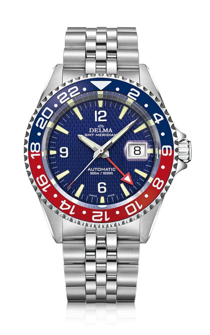 DELMA Santiago GMT Meridian Automatic Blue Red Bezel Blue Dial
