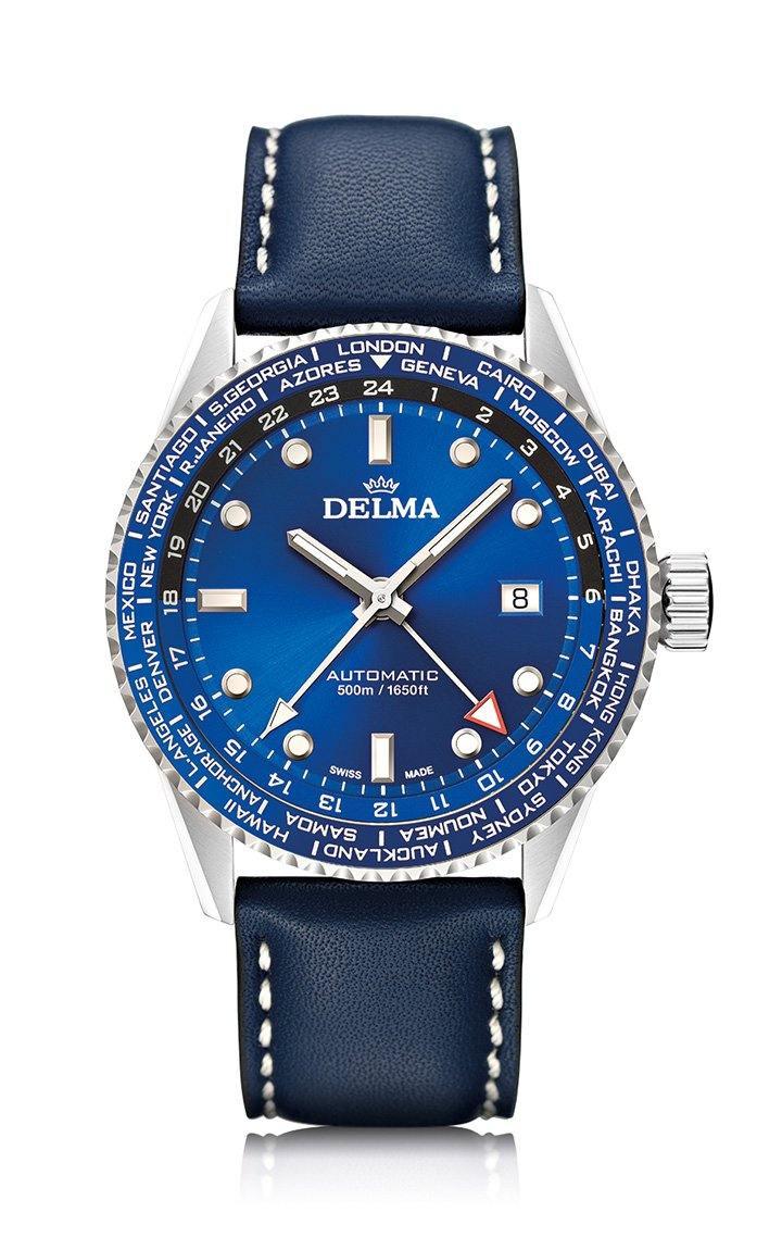 DELMA Cayman Worldtimer Automatic Leather Strap Blue Dial