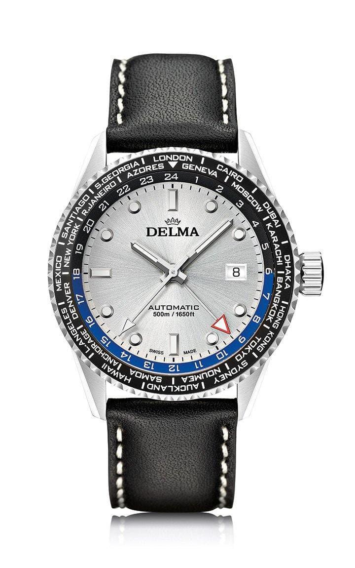 DELMA Cayman Worldtimer Automatic Leather Strap Silver Dial